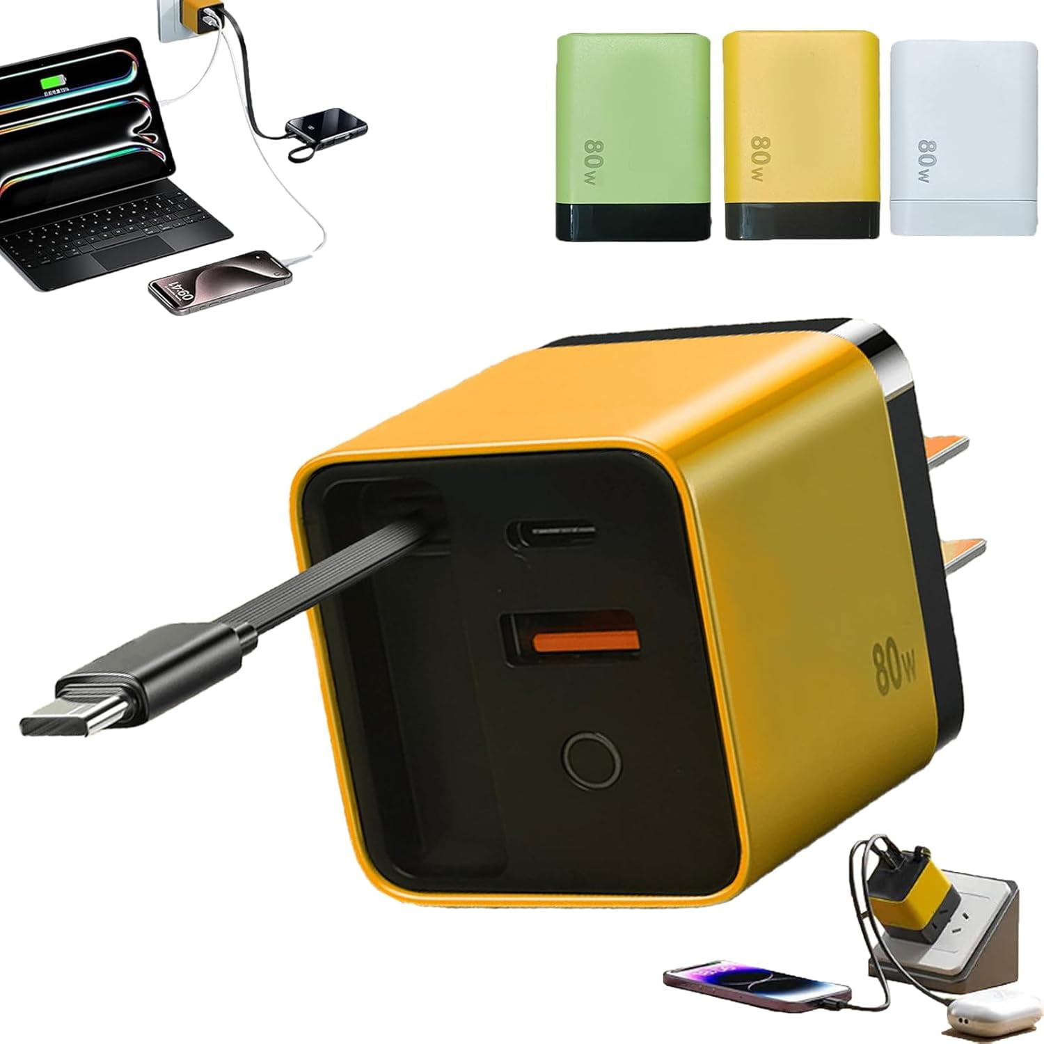 3 in 1 Charger Retractable 80W Max Fast Charging Station with Type-C ...