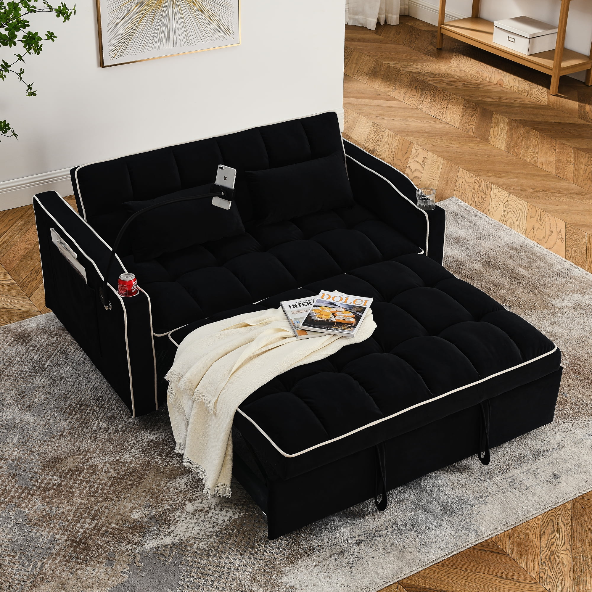 3 in 1 Convertible Sleeper Sofa,55" 3 in 1 Convertible Velvet Pull Out ...