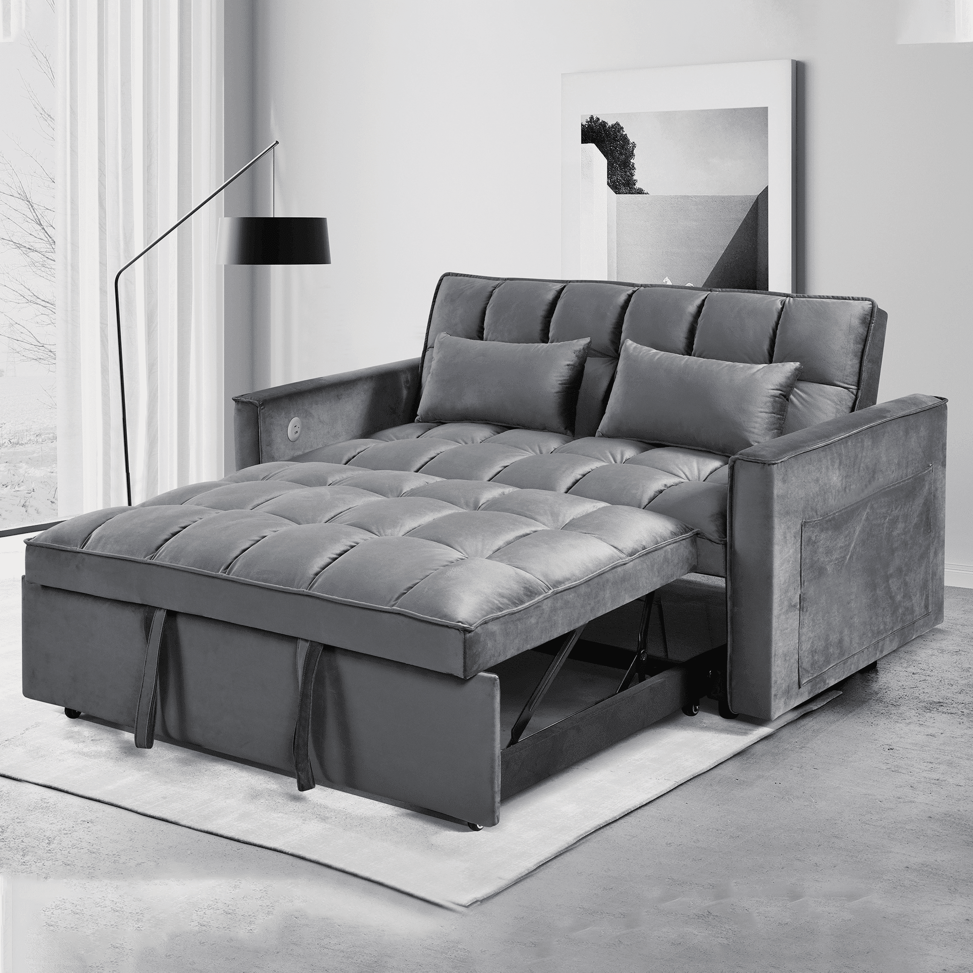 BINBANK 3-in-1 Pull Out Couch with Side Pocket, Velvet Sleeper Sofa Bed ...