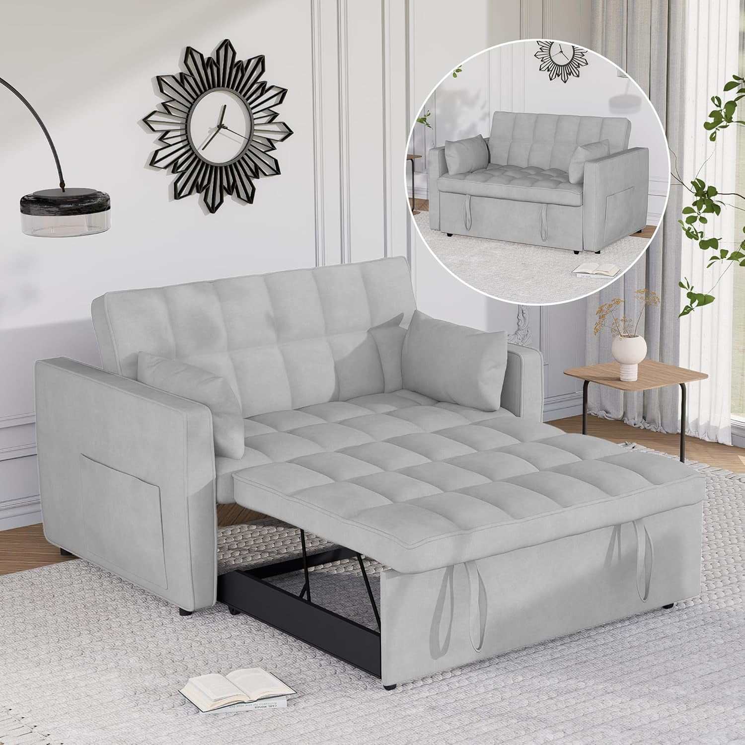 3 in 1 Convertible Sleeper Sofa Bed: Light Grey Pull Out Couch Loveseat Sleepers, Velvet Futon ...
