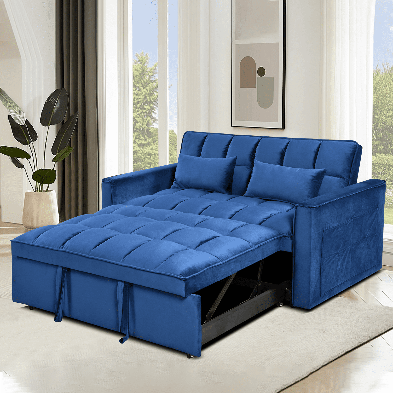 3 in 1 Convertible Sleeper Sofa, Multi-Function Velvet Sofa Bed with Side Pocket & Adjustable ...