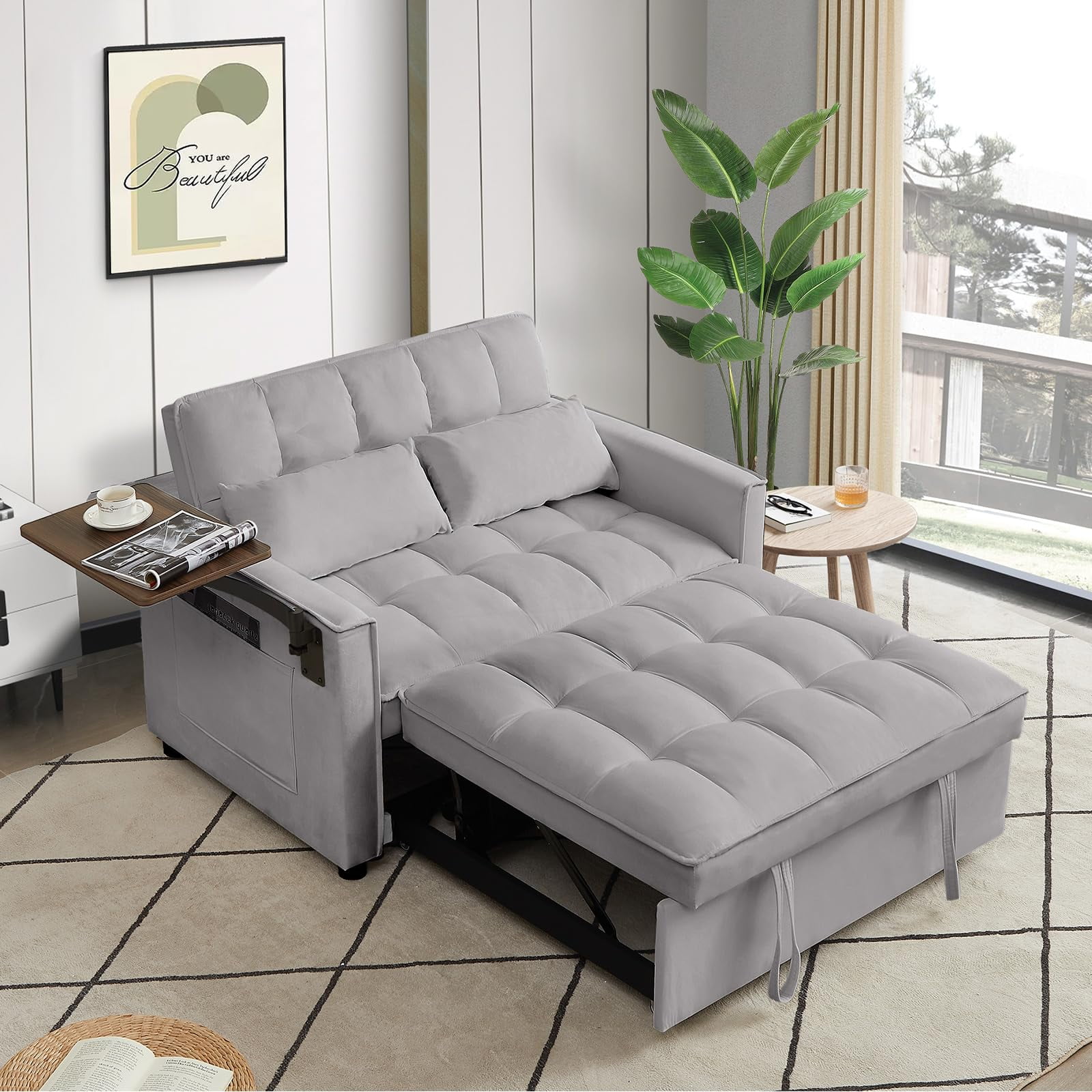 3 in 1 Convertible Sofa Bed w/360° Rotating Side Table, 47" Modern ...