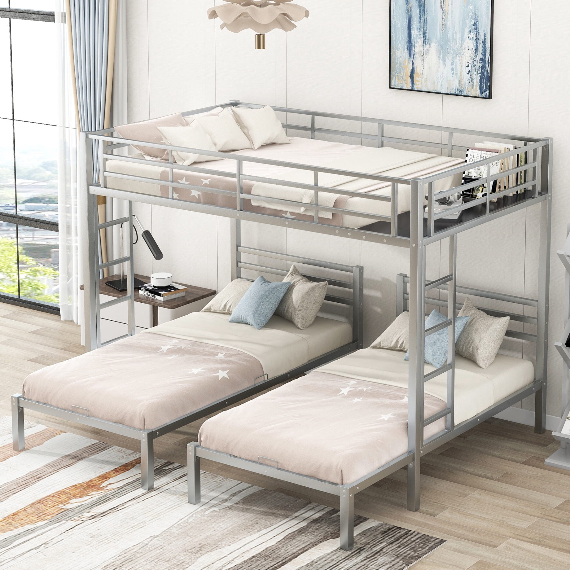 3 in 1 Design Metal Triple Bunk Bed,Full Over Twin&Twin Bunk Bed with ...