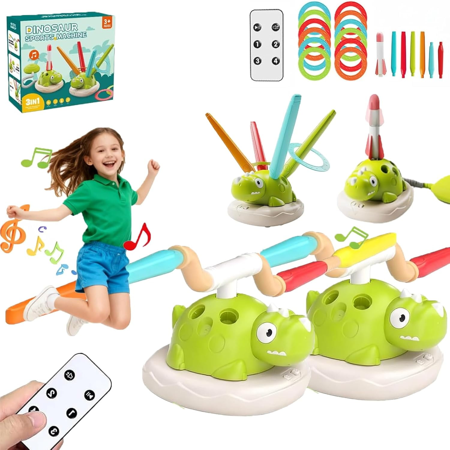 3 in 1 Dinosaur Rocket Launcher for Kids - Spinning Musical Jump Rope ...