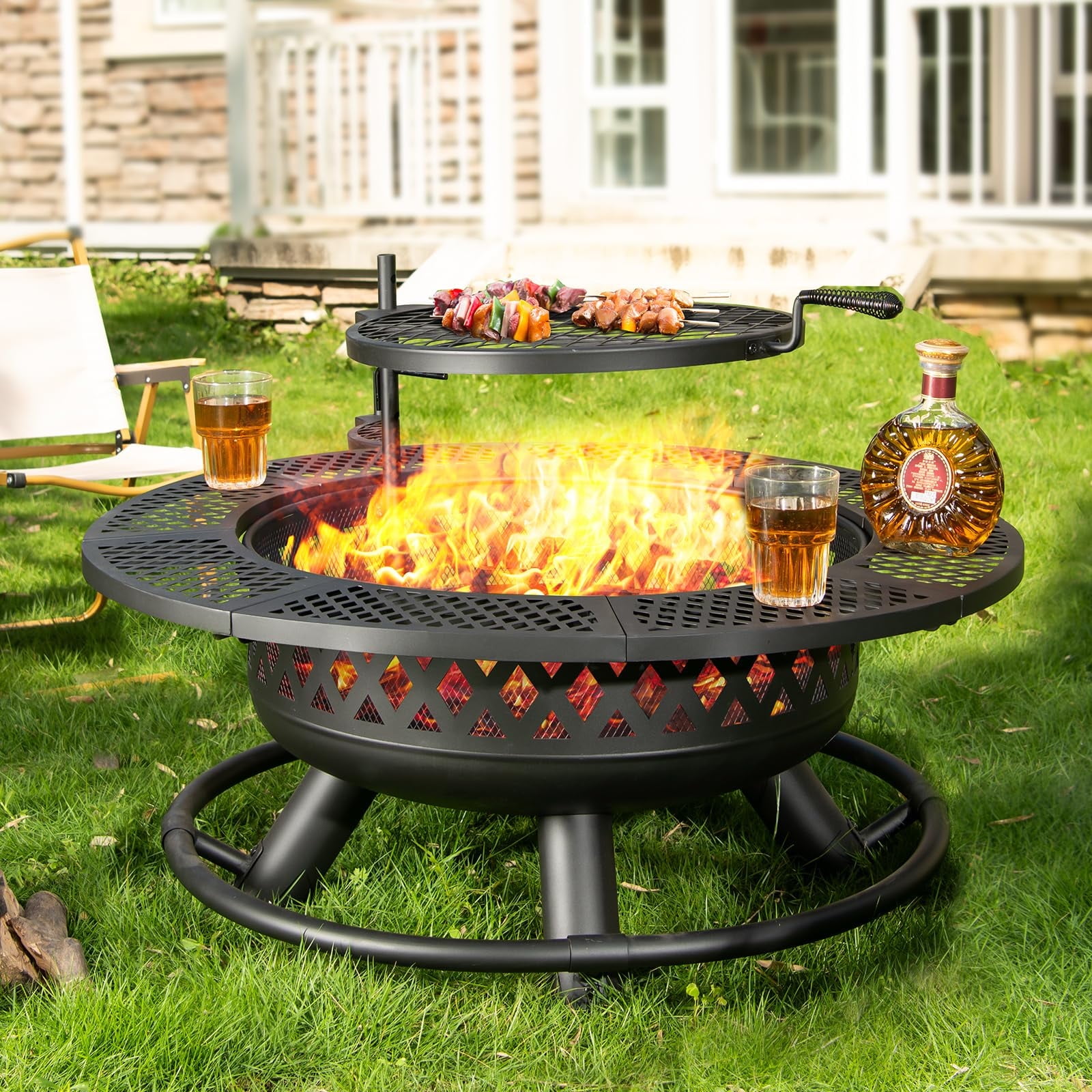 3 in 1 Fire Pit with Grill and Lid, 36 Inch Round Wood Burning Outdoor ...