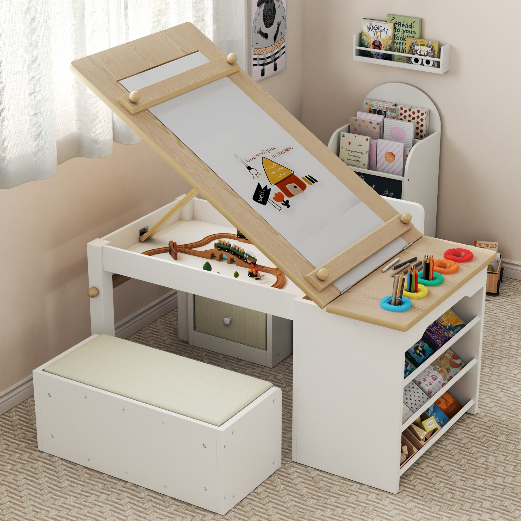 3 in 1 Kids Art Table and Chair Set, Art Desk with Storage Shelves and ...