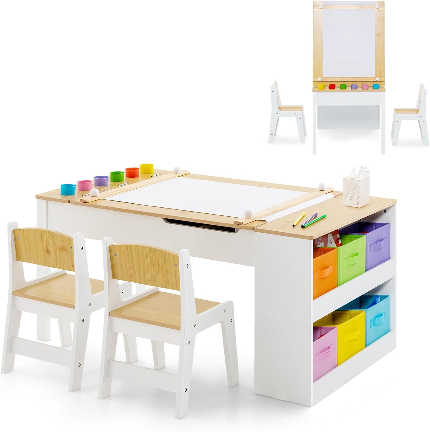 3 in 1 Kids Art Table and Chair Set, Toddler Craft Play Wood Activity ...
