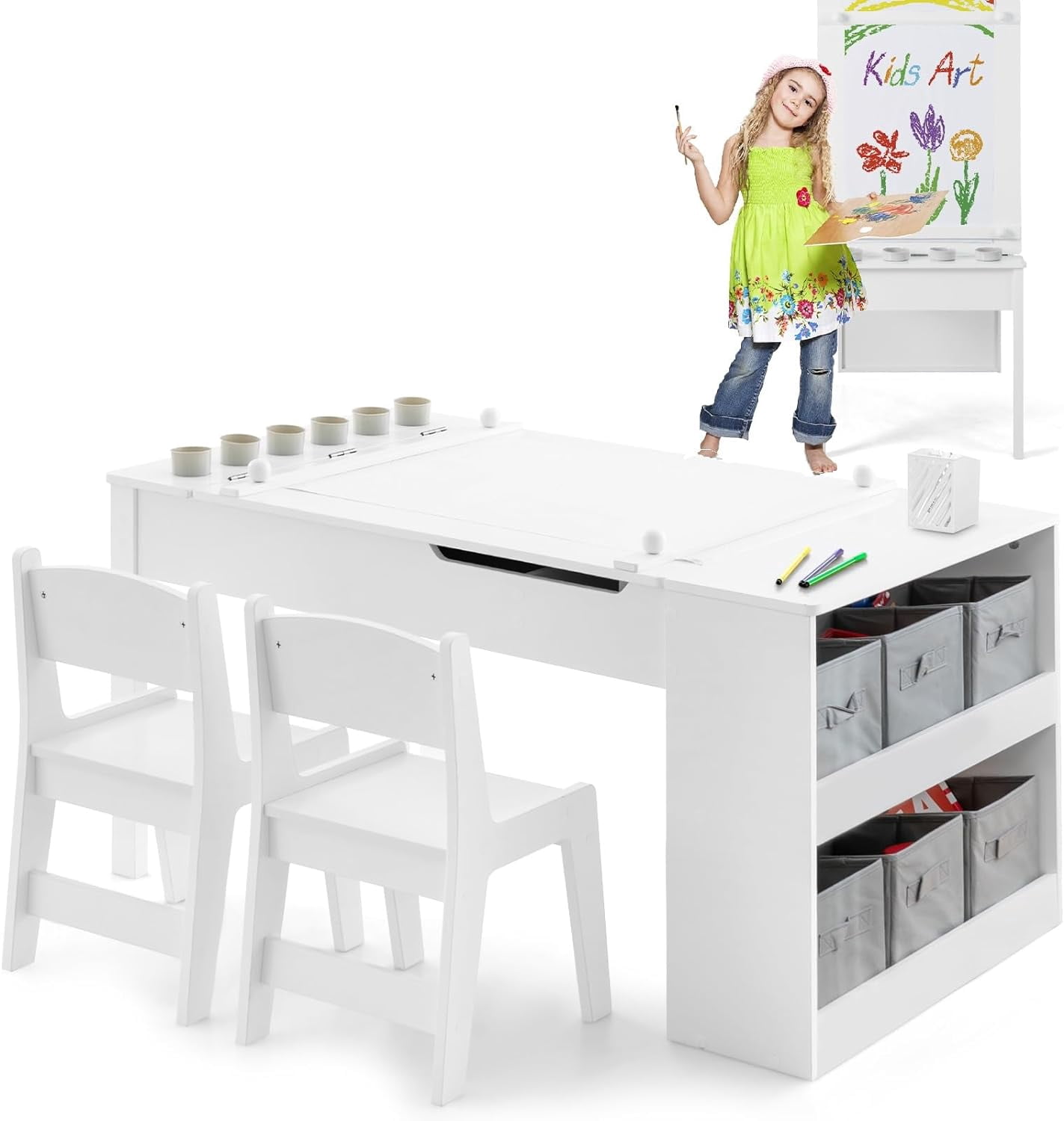 3 in 1 Kids Art Table and Chair Set, Toddler Craft Play Wood Activity ...