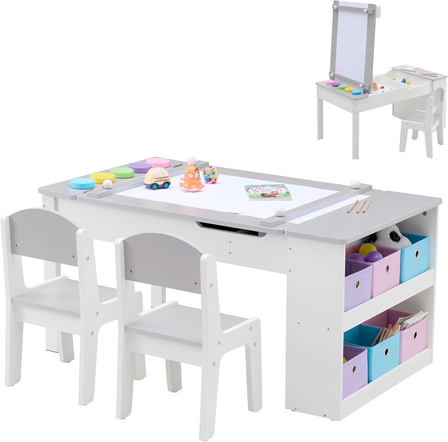 3 in 1 Kids Art Table & Easel Set with 2 Chairs, Wooden Children ...