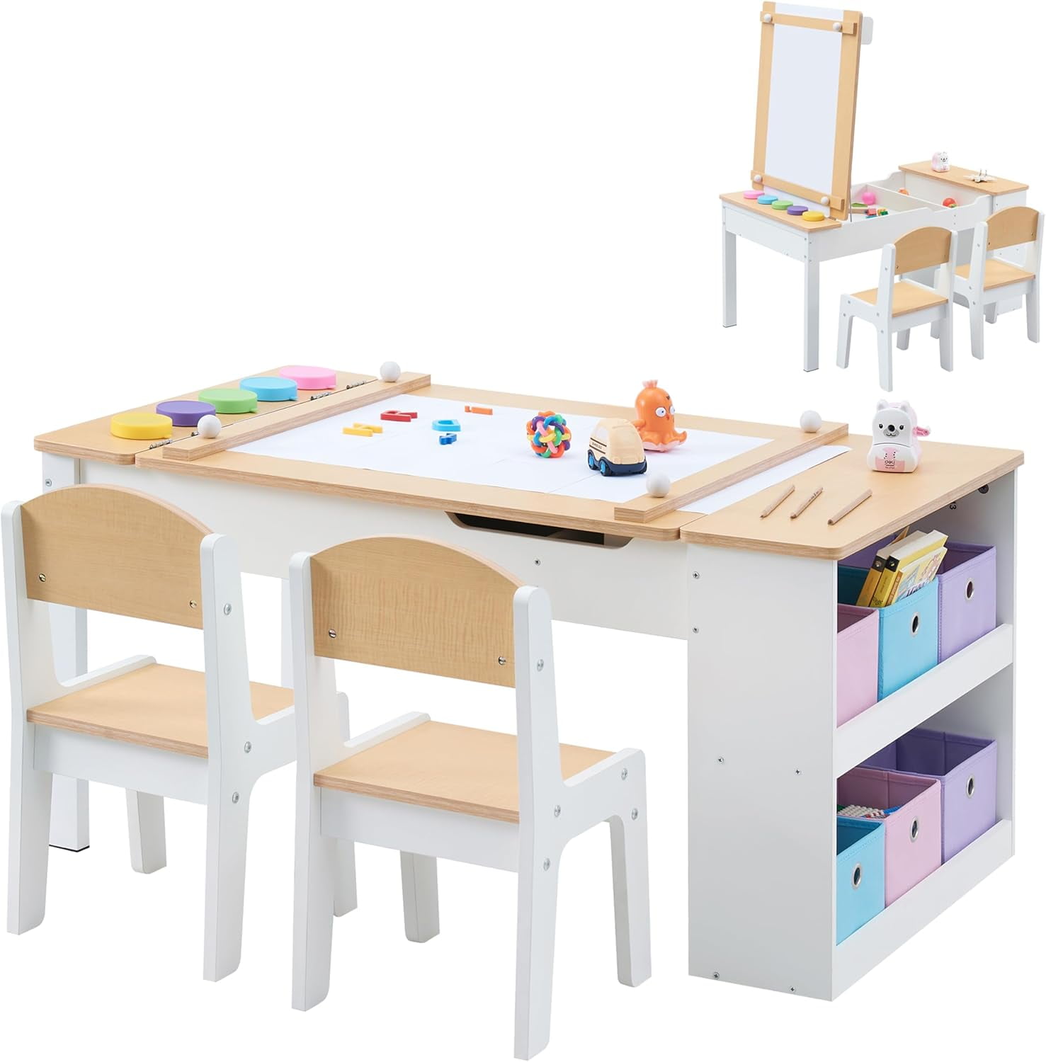 3 in 1 Kids Art Table & Easel Set with 2 Chairs, Wooden Children ...