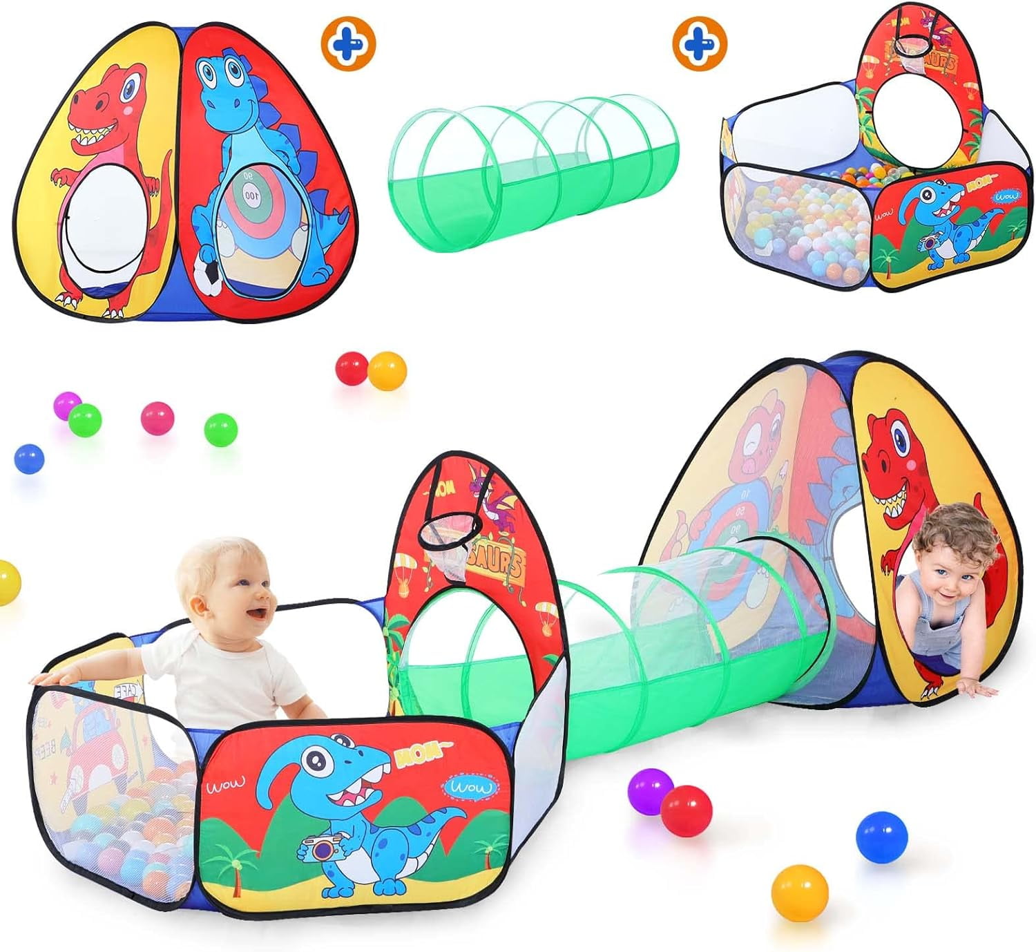 3 in 1 Kids Play Tent with Play Tunnel, Ball Pit, Basketball Hoop for Boys & Girls, Toddler Pop ...