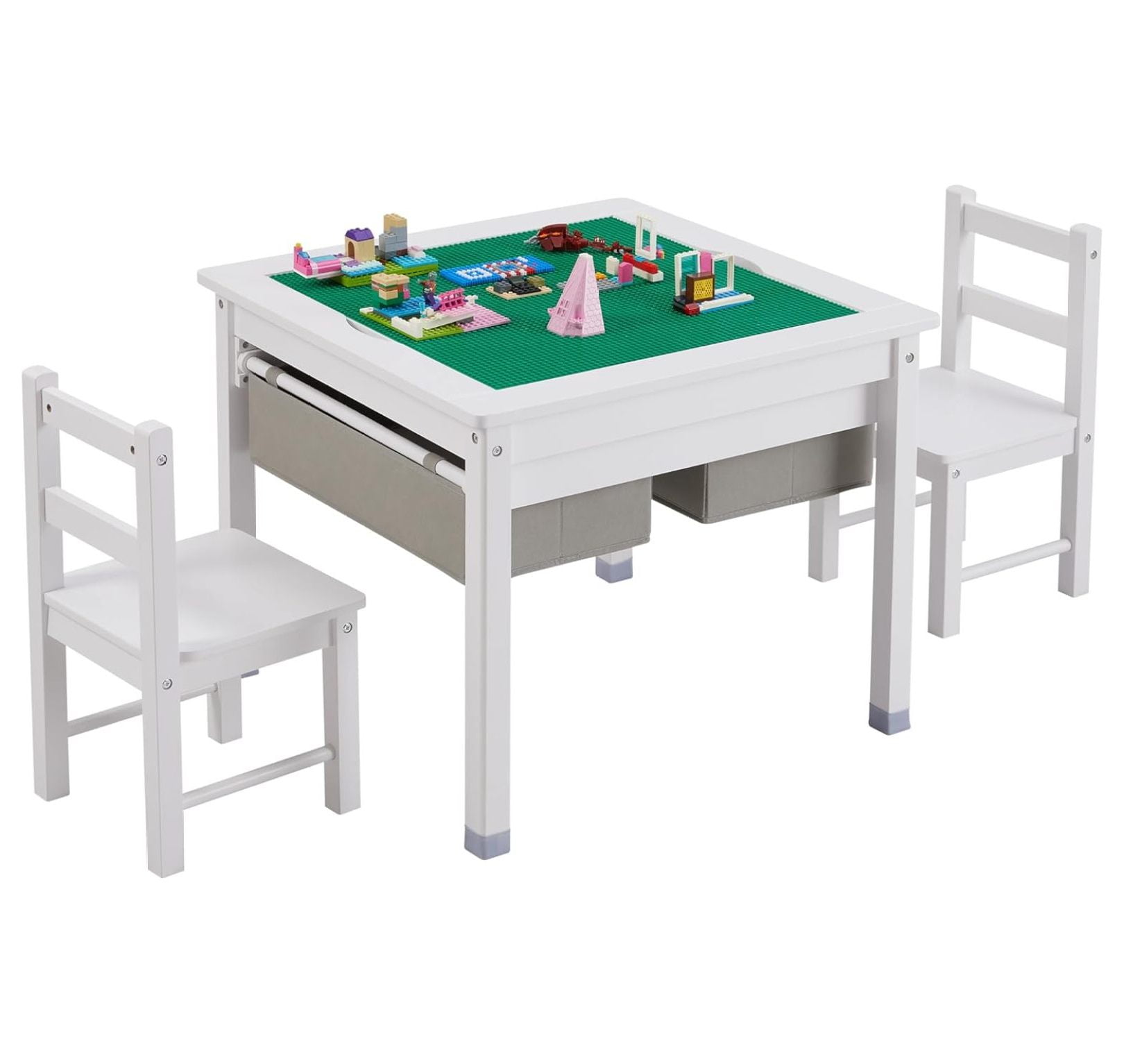 3 in 1 Kids Table and 2 Chairs Set with Storage Drawers, Toddler Construction Play Table with ...