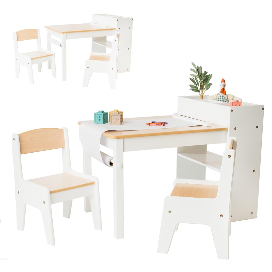 3 in 1 Kids Table and Chairs Set (2 Chairs Included), White Wooden Craft Table for Kids with ...