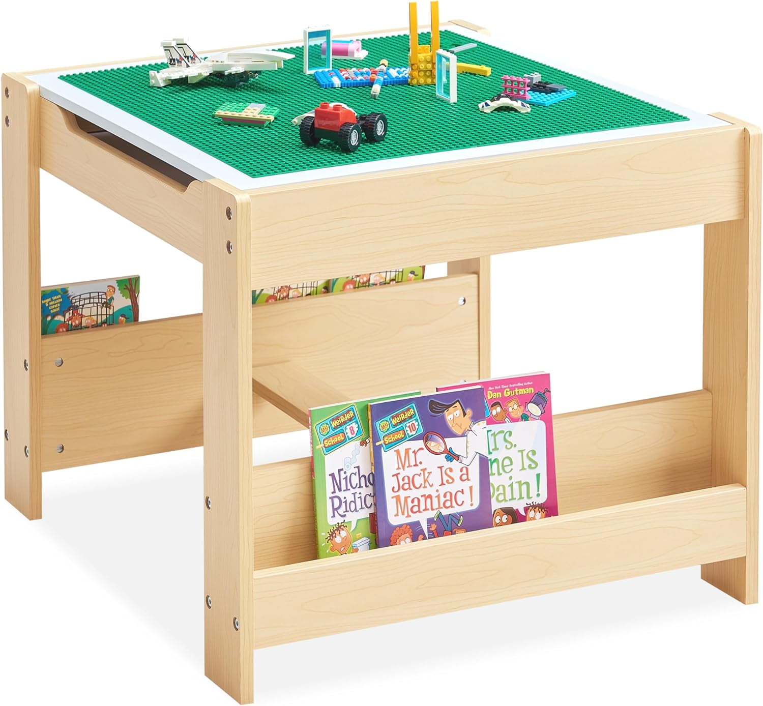 3 in 1 Kids Wooden Activity Table with Bookshelves, 2 in 1 Detachable ...