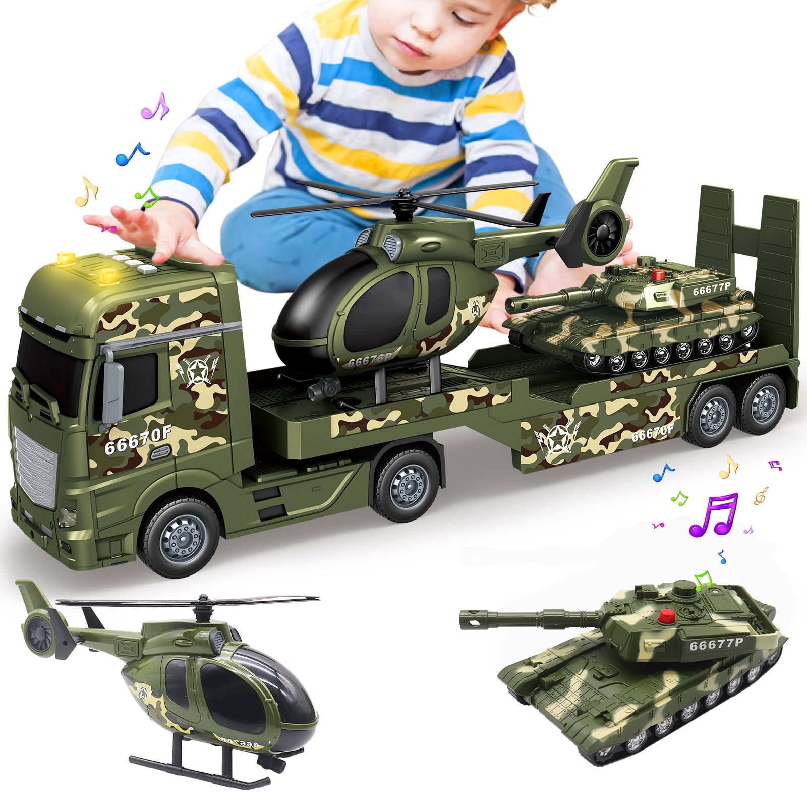 3 in 1 Large Military Truck Toys, 25.6" Semi Flatbed Truck Toy with ...