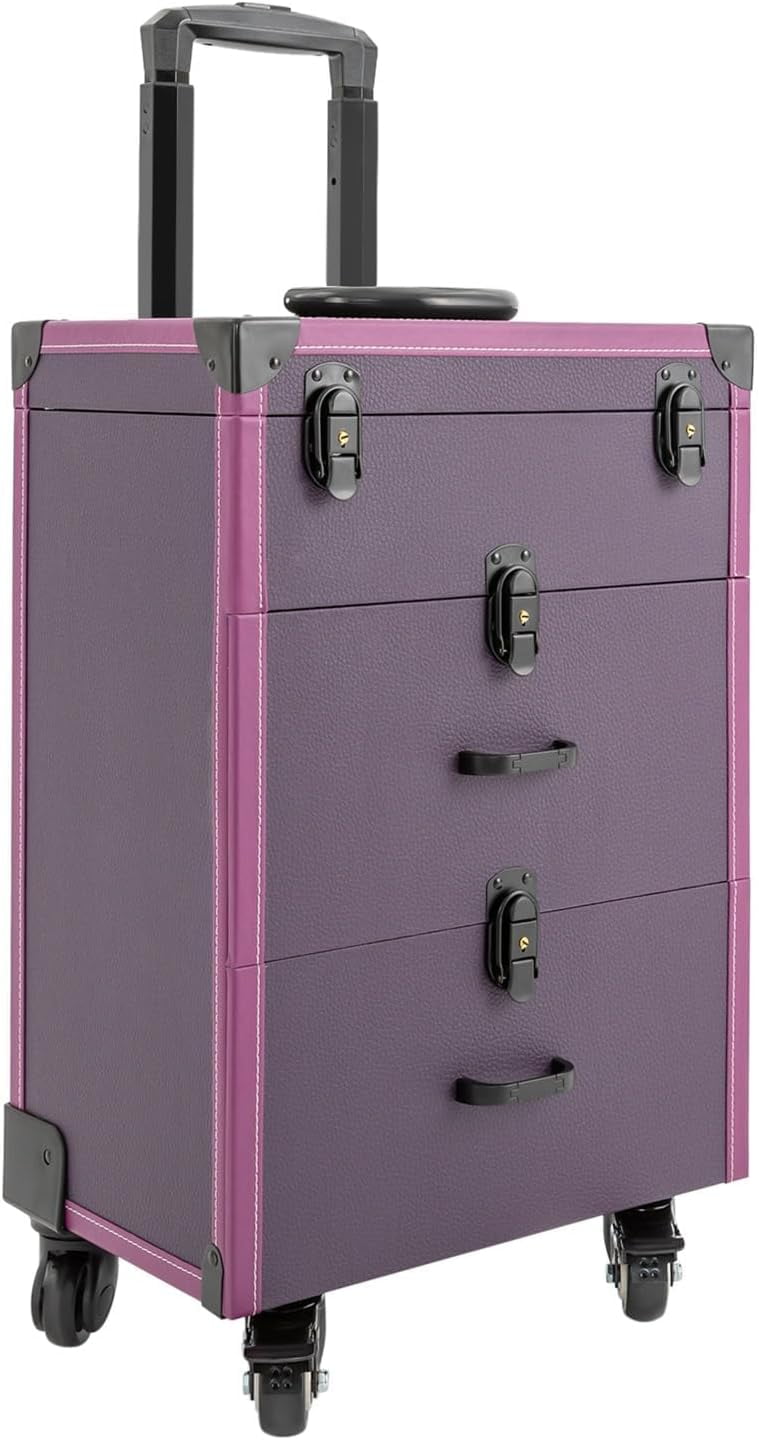 3 in 1 Large Rolling Makeup Case, Aluminum Nail Travel Case Cosmetology ...