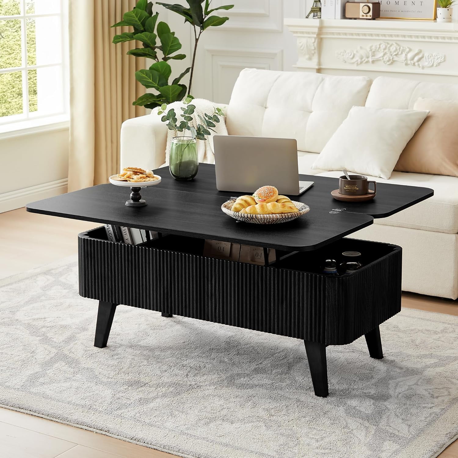 3 in 1 Lift Top Coffee Table, Fluted Convertible Coffee Tables Converts ...