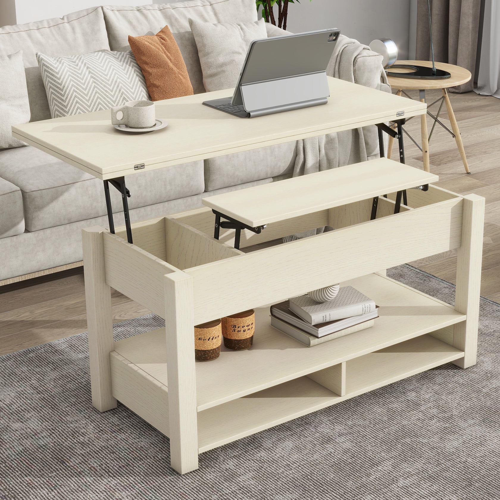 3 in 1 Lift Top Coffee Table with Open Shelves, Modern Dining Table ...