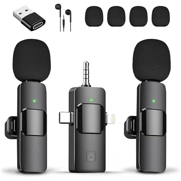 3 in 1 Microphone for iPhone iPad Android Camera PC,USB C Mini Microphone,Dual Wireless Lavalier ...