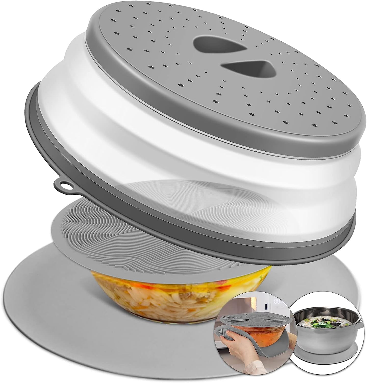 3 in 1, Microwave Cover & Silicone Mat - Mat as Bowl Holders, Cover for ...