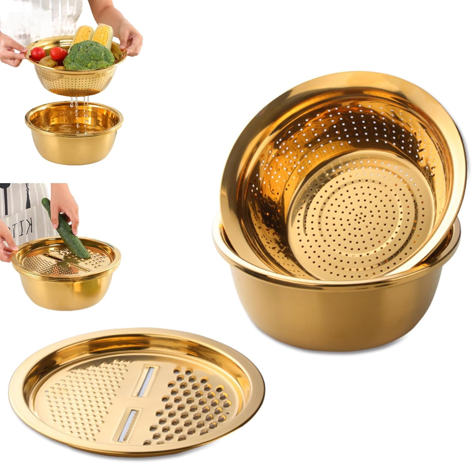 3 in 1 Multifunctional Colander Set: Stainless Steel Basin with Grater ...