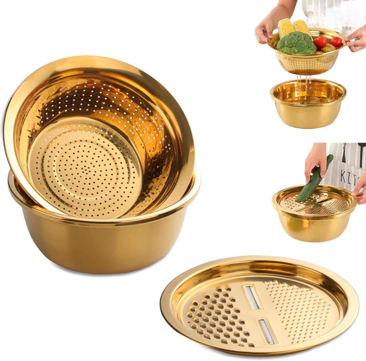 3 in 1 Multifunctional Colander Set: Stainless Steel Basin with Grater ...