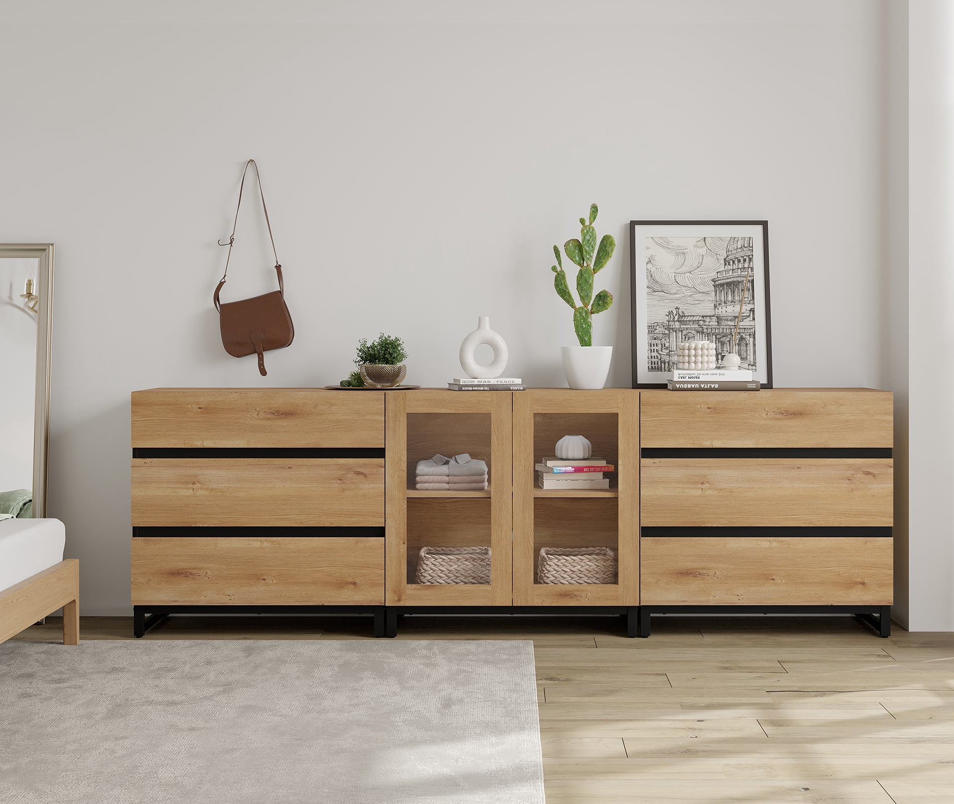3 In 1 Multifunctional Dresser with Glass Doors & 6 Drawers, Modern ...