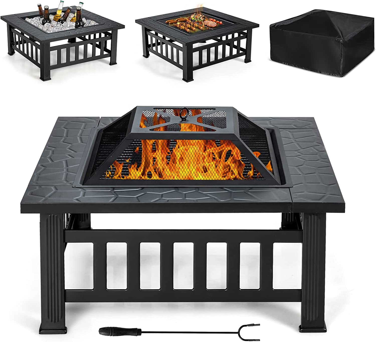 3 in 1 Outdoor Fire Pit, 32 Inch Square Steel Fireplace with Spark ...