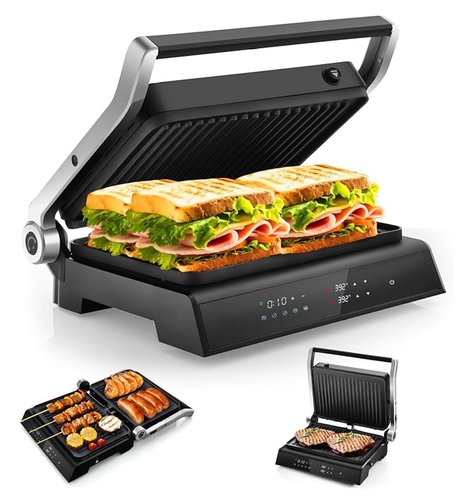 3 in 1 Panini Grill Press Sandwich Maker, w/5 Auto Cooking Modes & LED ...