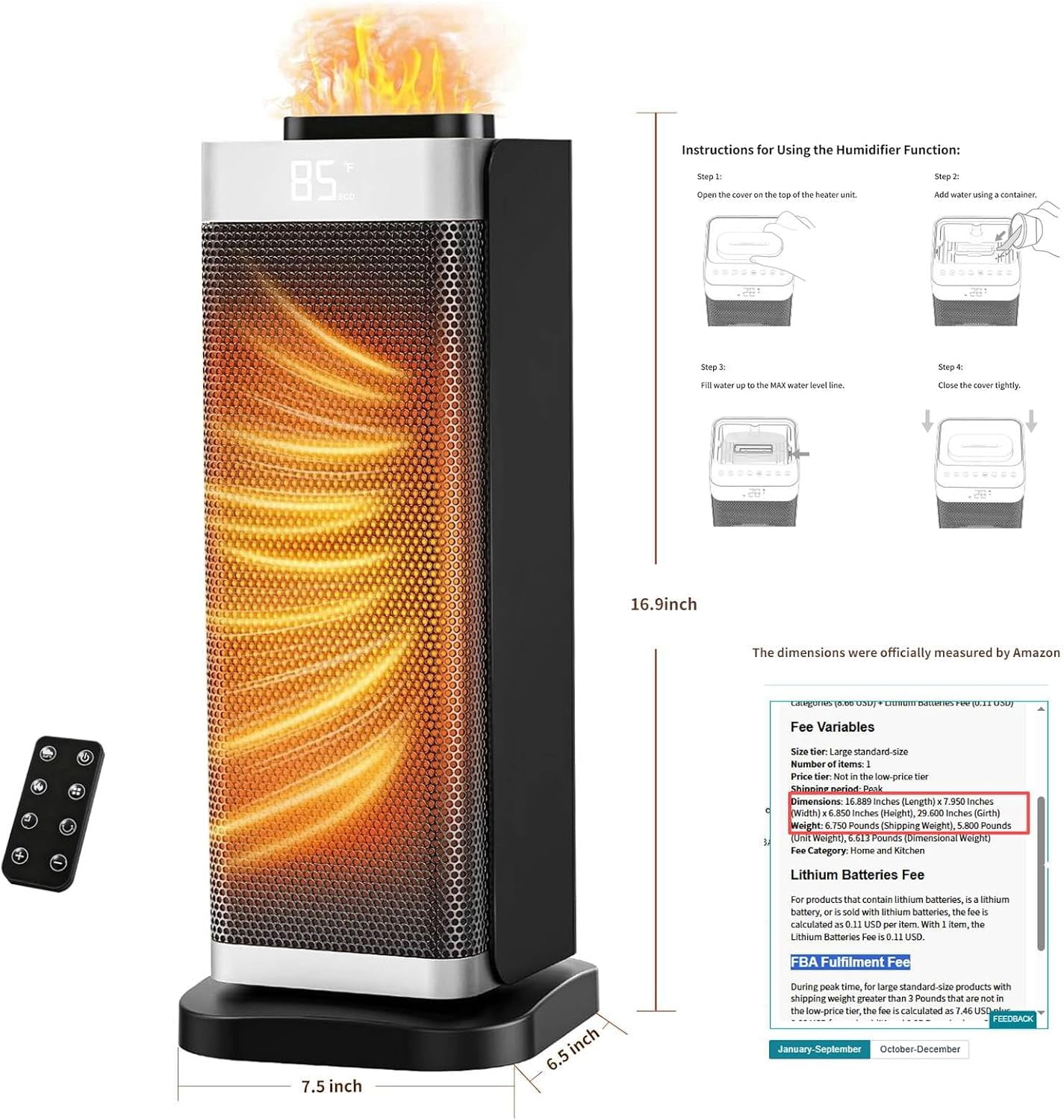 3 in 1 Portable Space with Humidifier/Ambient Light, Electric Heaters ...