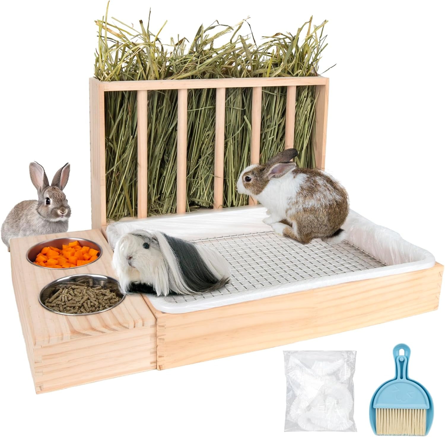 3 in 1 Rabbit Hay Feeder with Litter Box,Upgraded Wooden Hay Feeder Set ...