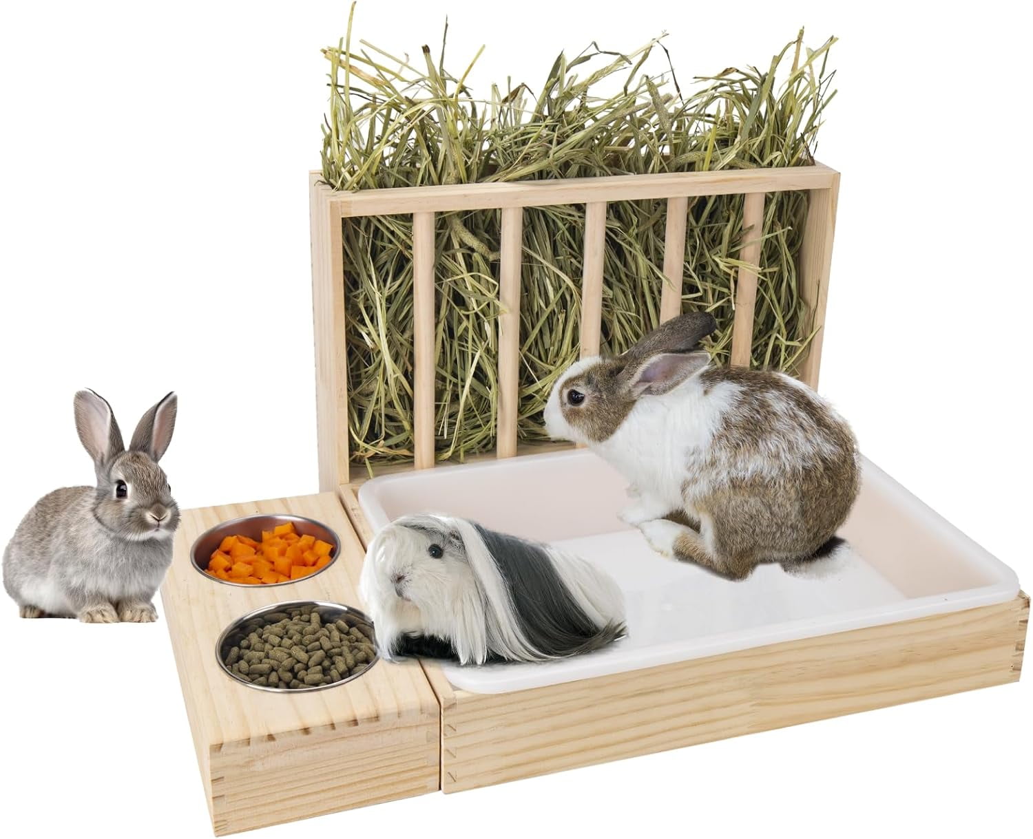 3 in 1 Rabbit Hay Feeder with Litter Box,Wooden Hay Feeder with 2 Bowls ...