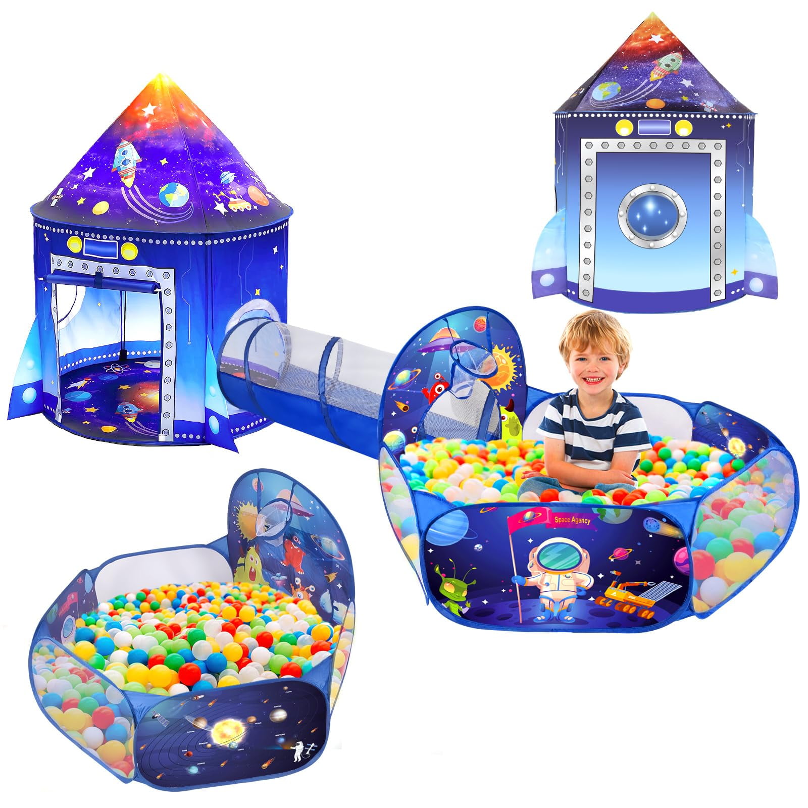 3 in 1 Rocket Ship Play Tent with Ball Pit Tunnel for Kid Astronaut ...