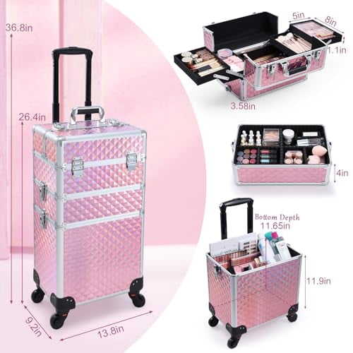 3 in 1 Rolling Makeup Case, Makeup Case with Wheels Cosmetology Case ...