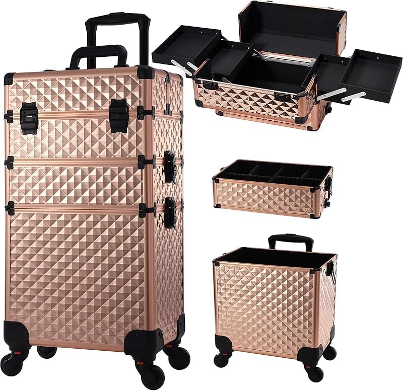 3 in 1 Rolling Makeup Train Case Professional Cosmetic Trolley Large ...