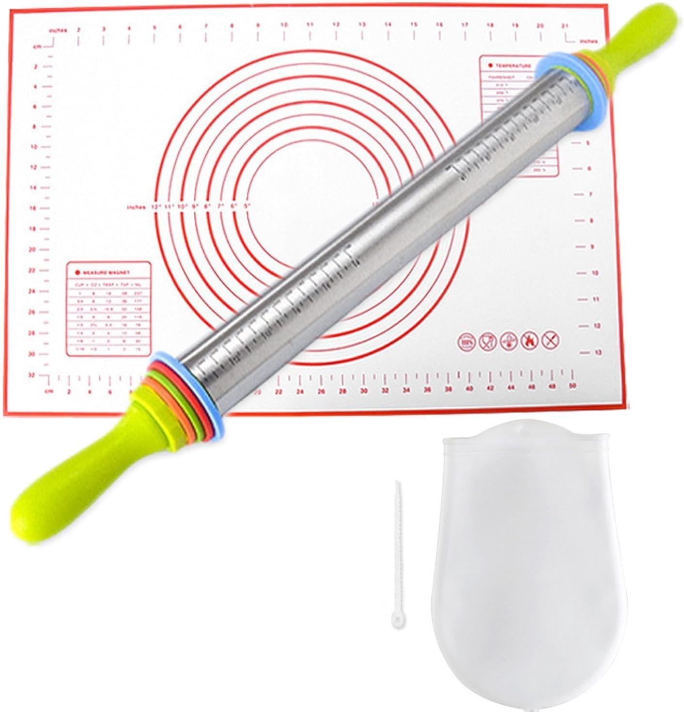 3 in 1 Set of Rolling Pin with handle + Pastry Baking Mat + Kneading ...