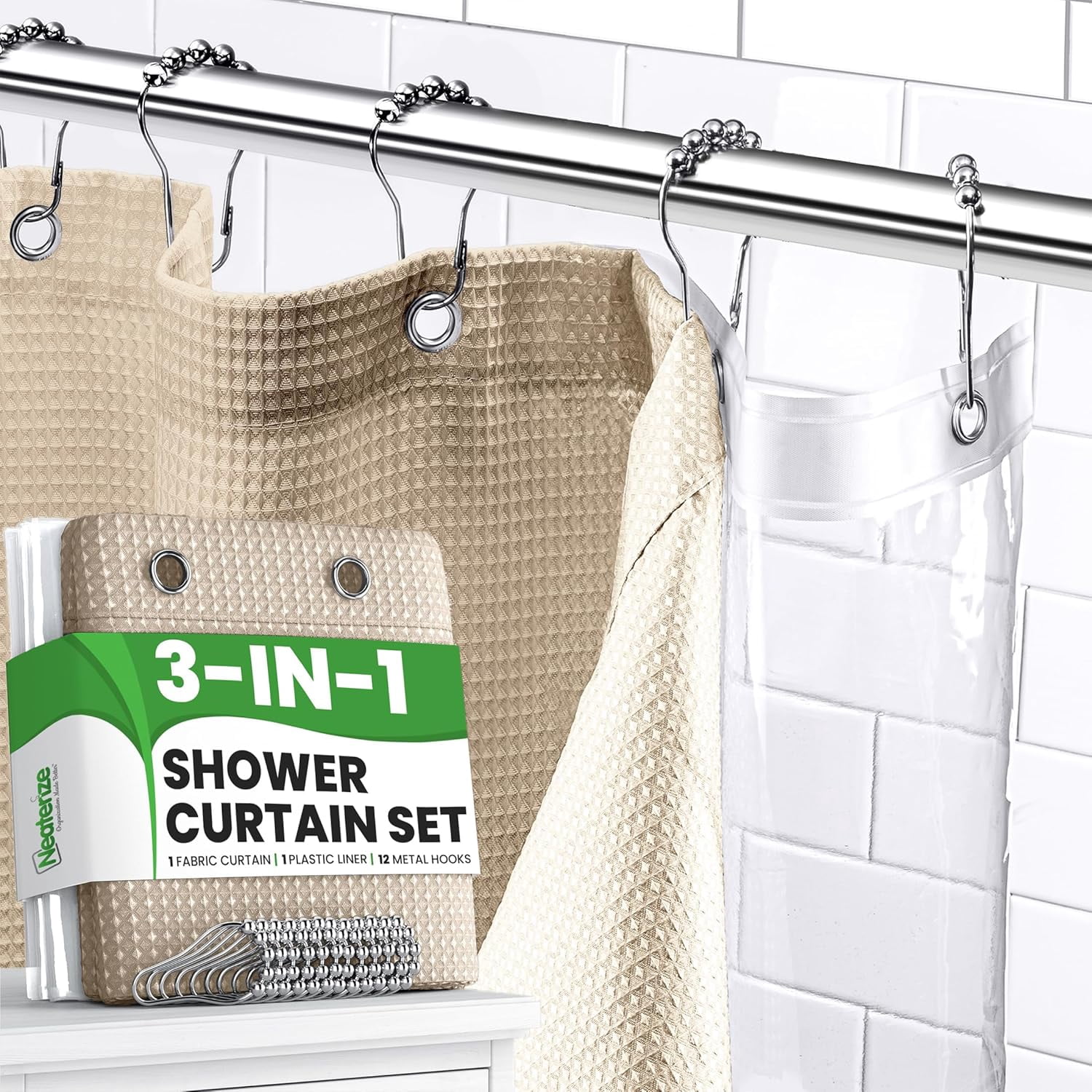 3 in 1 Shower Curtain Set - 72x78 Beige Shower Curtain Fabric with ...