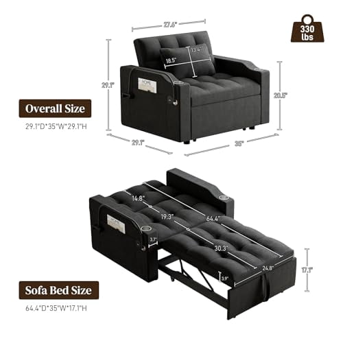 3 in 1 Single Sleeper Sofa Chair with Pullout Bed, Convertible Pull Out ...