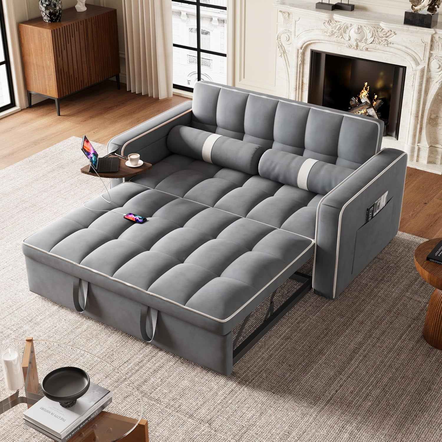 3 in 1 Sleeper Sofa Bed - Convertible Love Seat Couch with Side Table ...