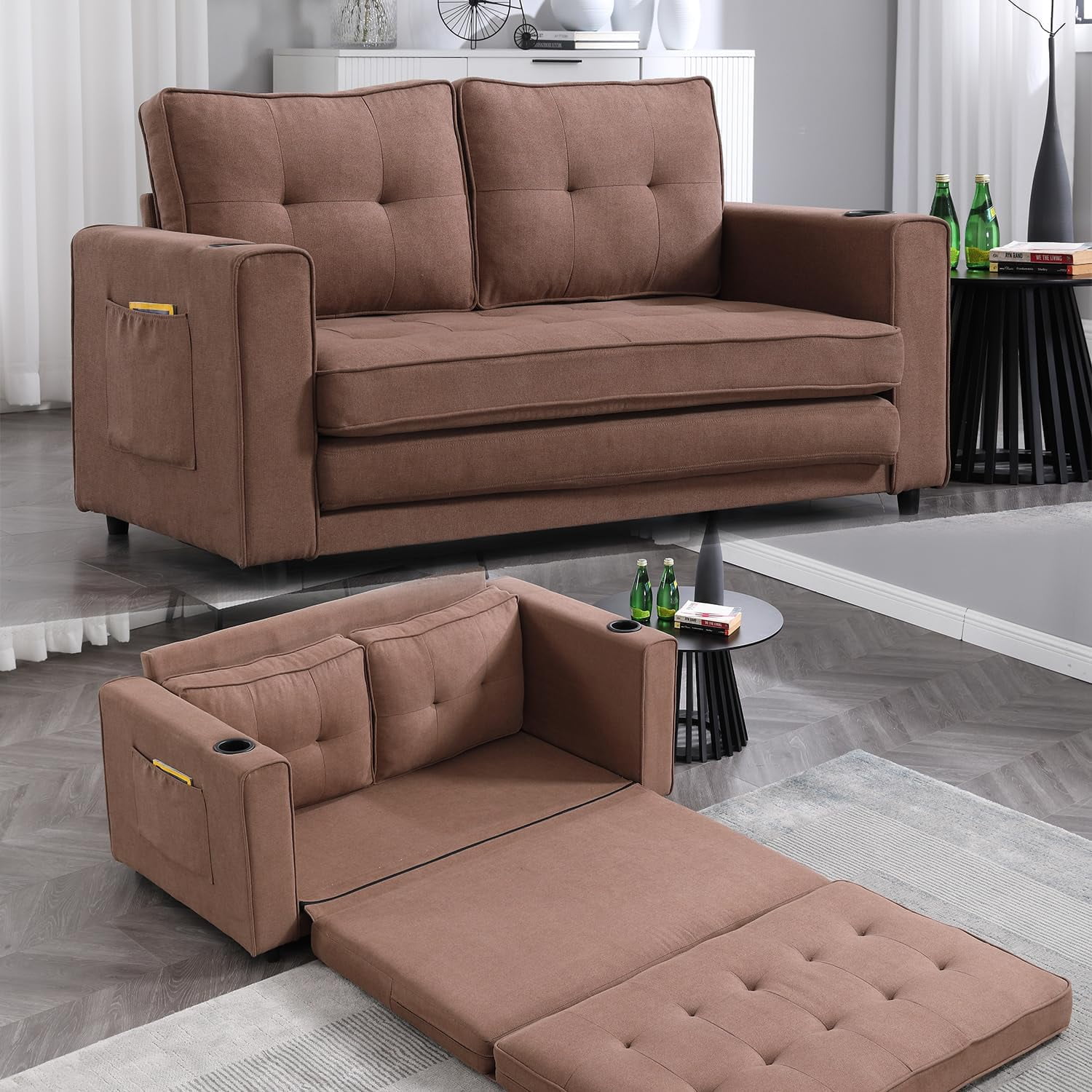 3 in 1 Sleeper Sofa Couch Bed,Small Tufted Velvet Convertible Loveseat ...