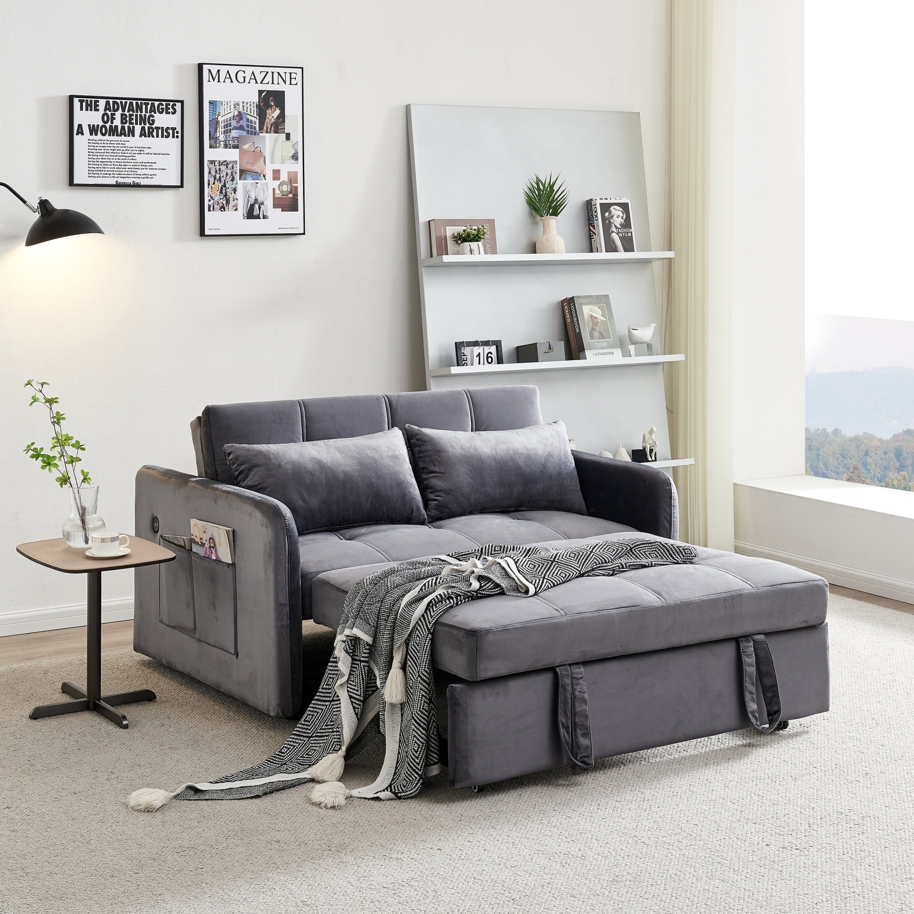 3 in 1 Sleeper Sofa Couch Bed with USB Socket,Two Pillows and Pockets ...