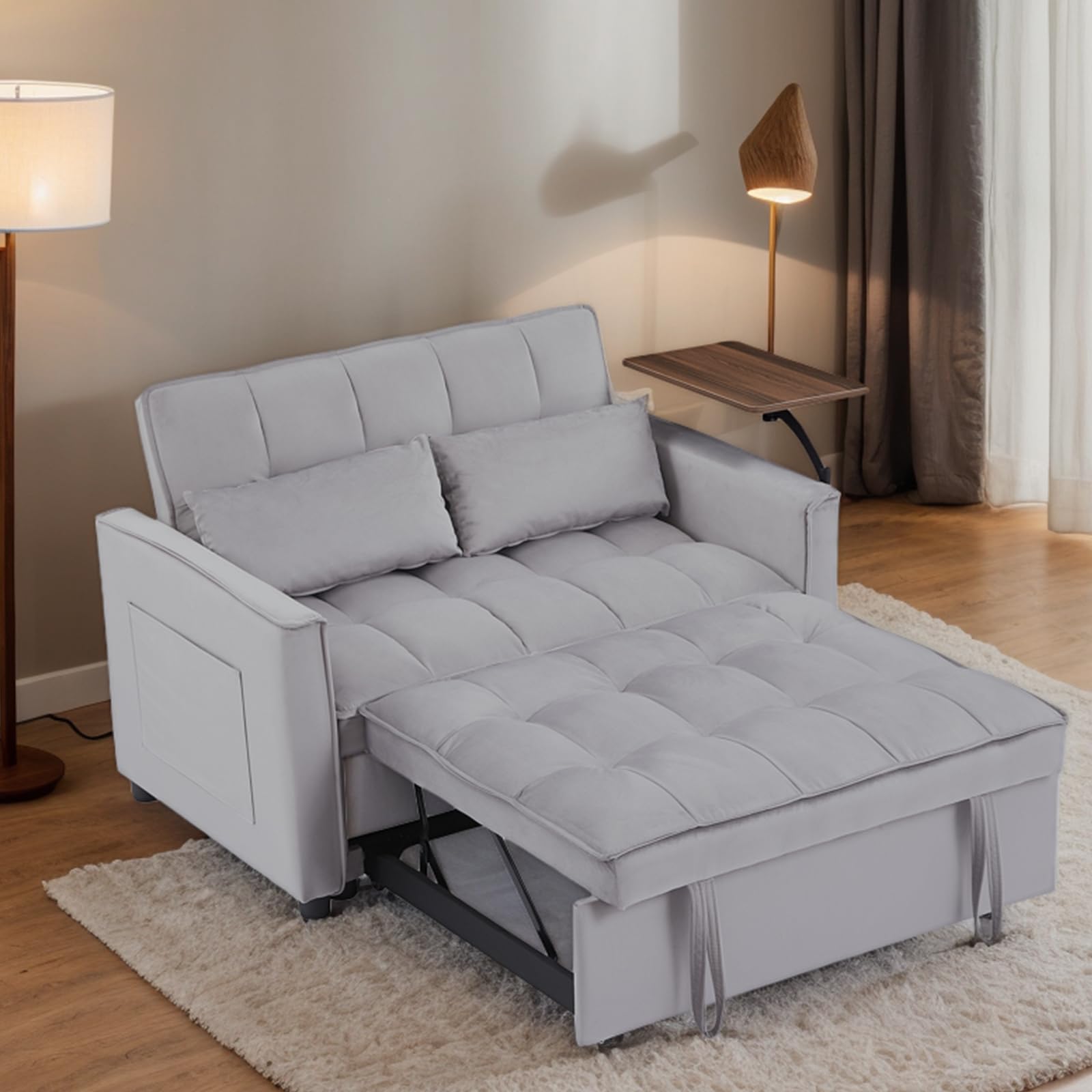 3 in 1 Sleeper Sofa Couch Bed, Velvet Pull Out Couch Bed with 360 ...