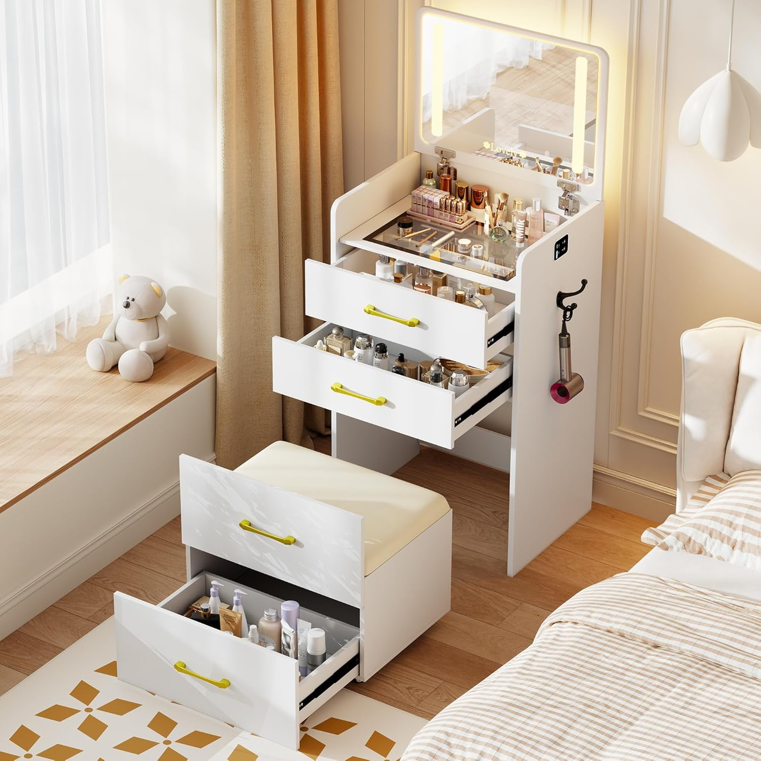 3 in 1 Small Vanity Desk with Flip up Mirror and Lights, Glass Top ...