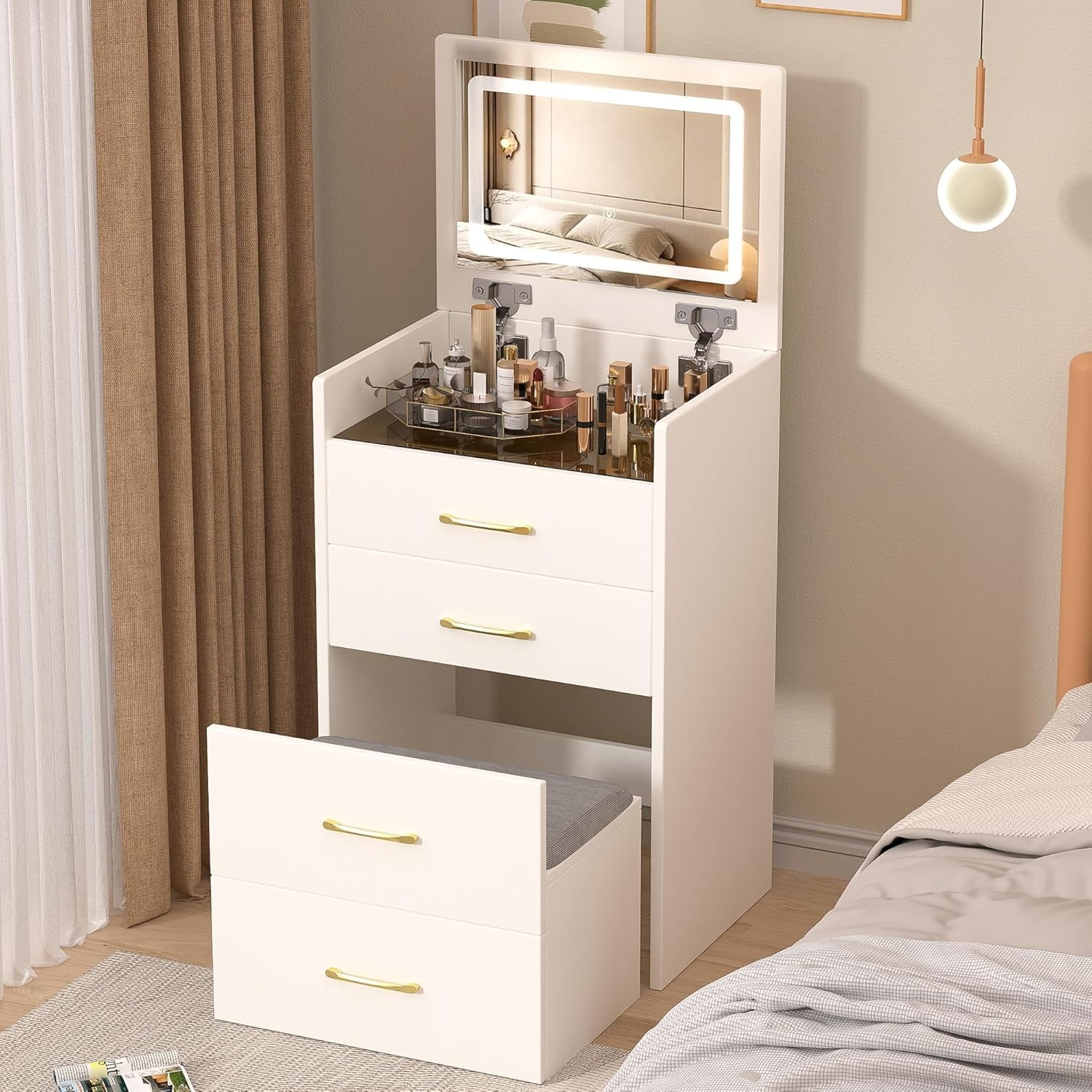 3 in 1 Small Vanity Desk Set with Open-Top Mirror, Compact Makeup Desk ...