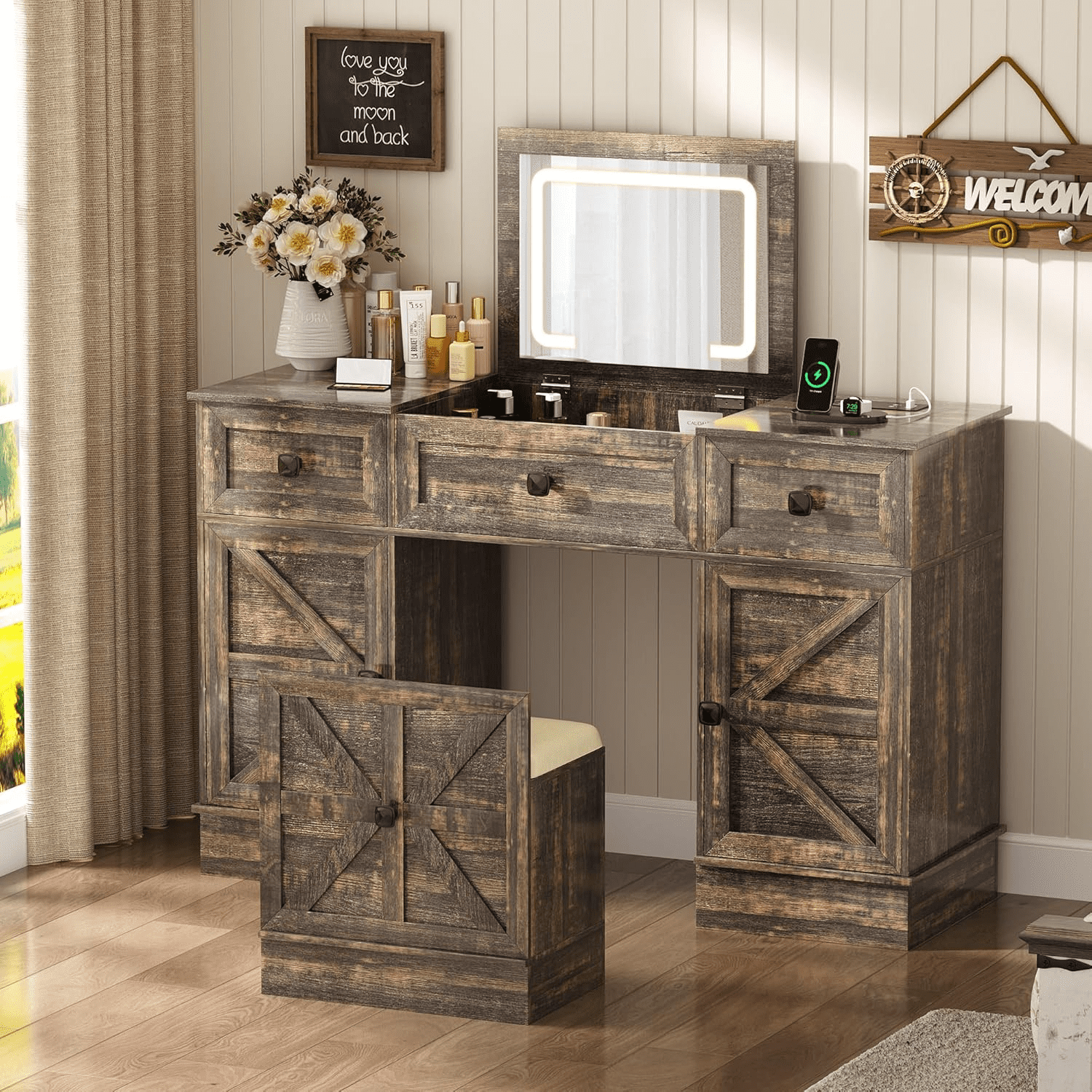 3 in 1 Small Vanity with Lights and Mirror Tall Lighted Compact Vanity ...