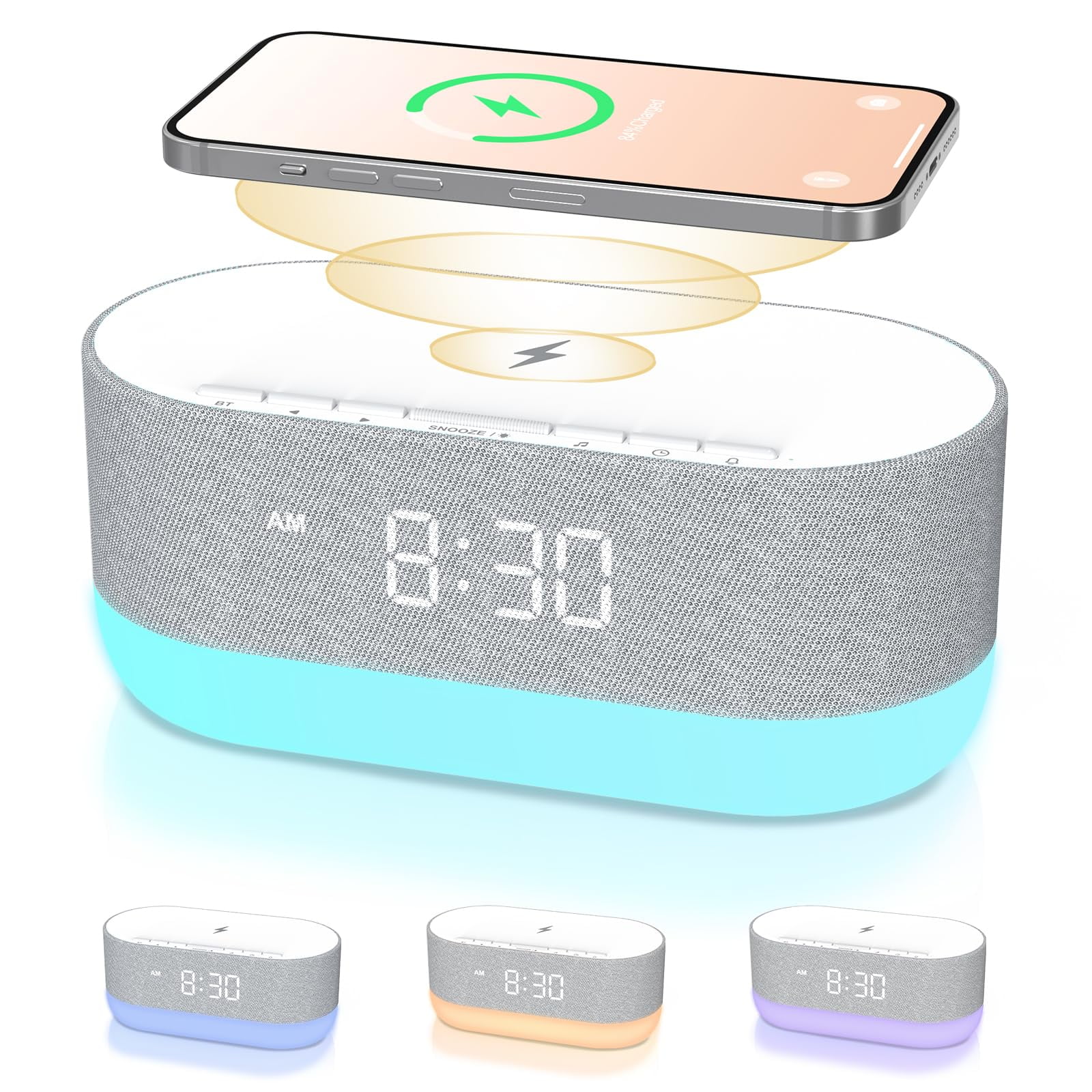 3 in 1 Sound Machine Alarm Clock with Wireless Charger: Bluetooth Music ...