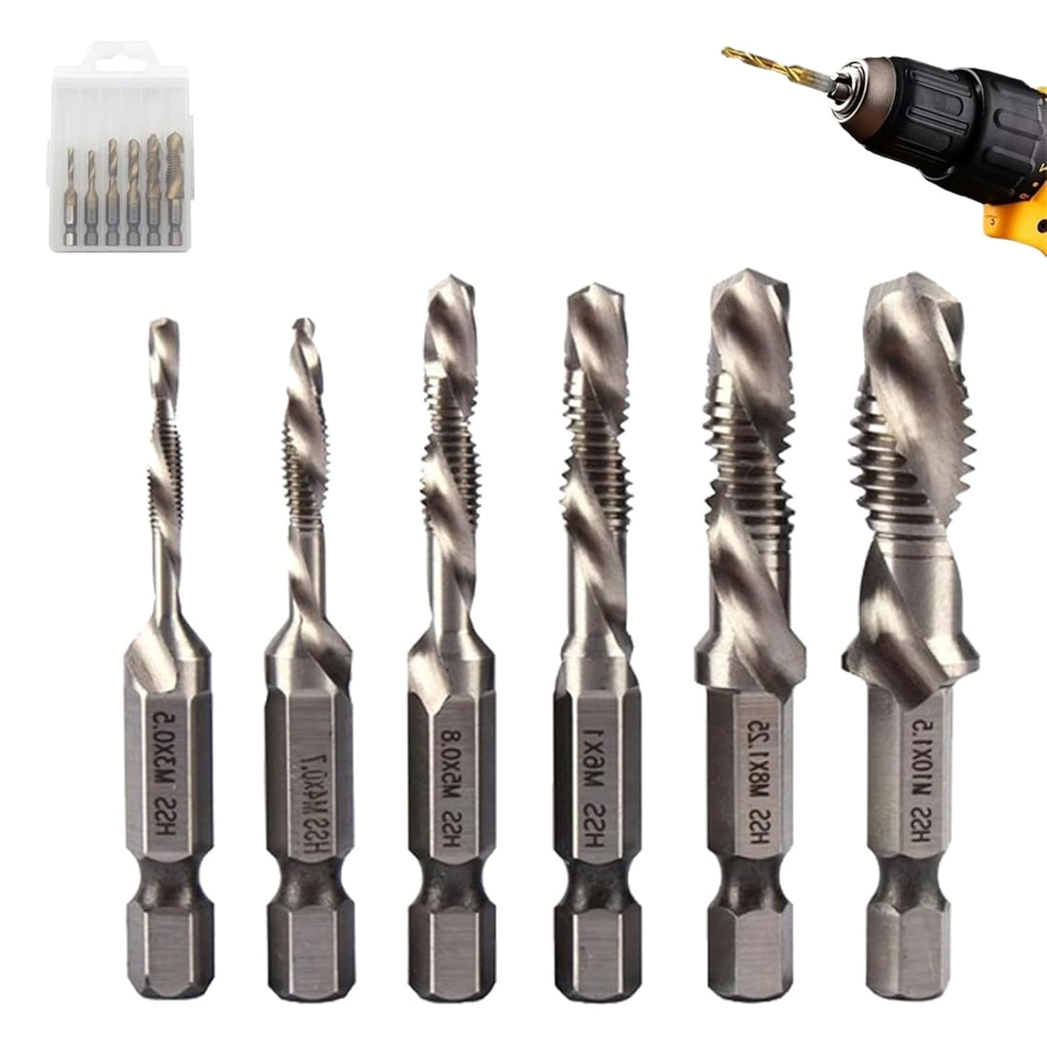 3 in 1 Spiral Tap Hex Shank Drill Bit Set, 6Pcs Cobalt HSS Drill Tap ...
