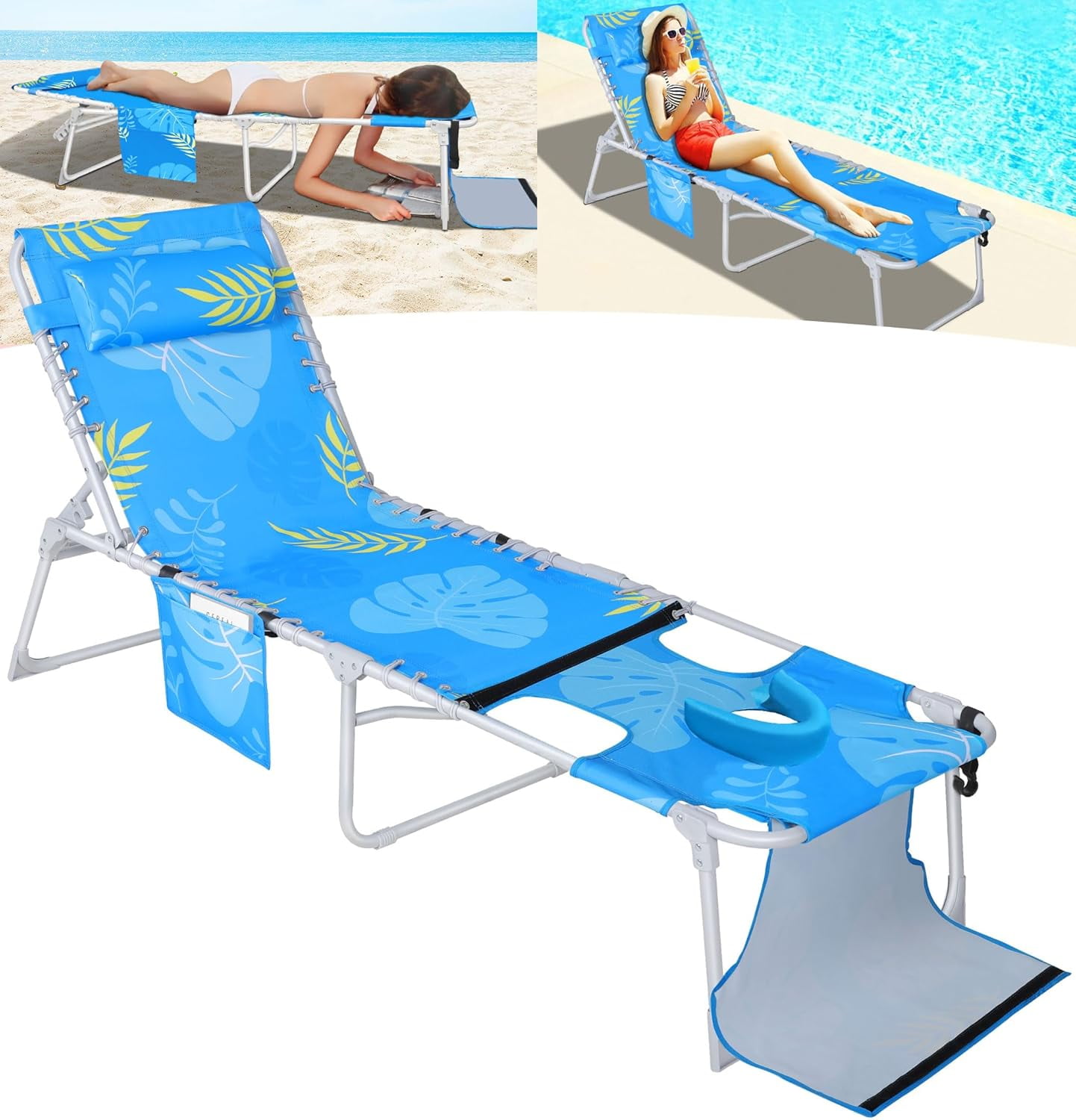 3 in 1 Sun Tanning Chair with Face Hole, Folding Chaise Lounge Chair, 6 ...