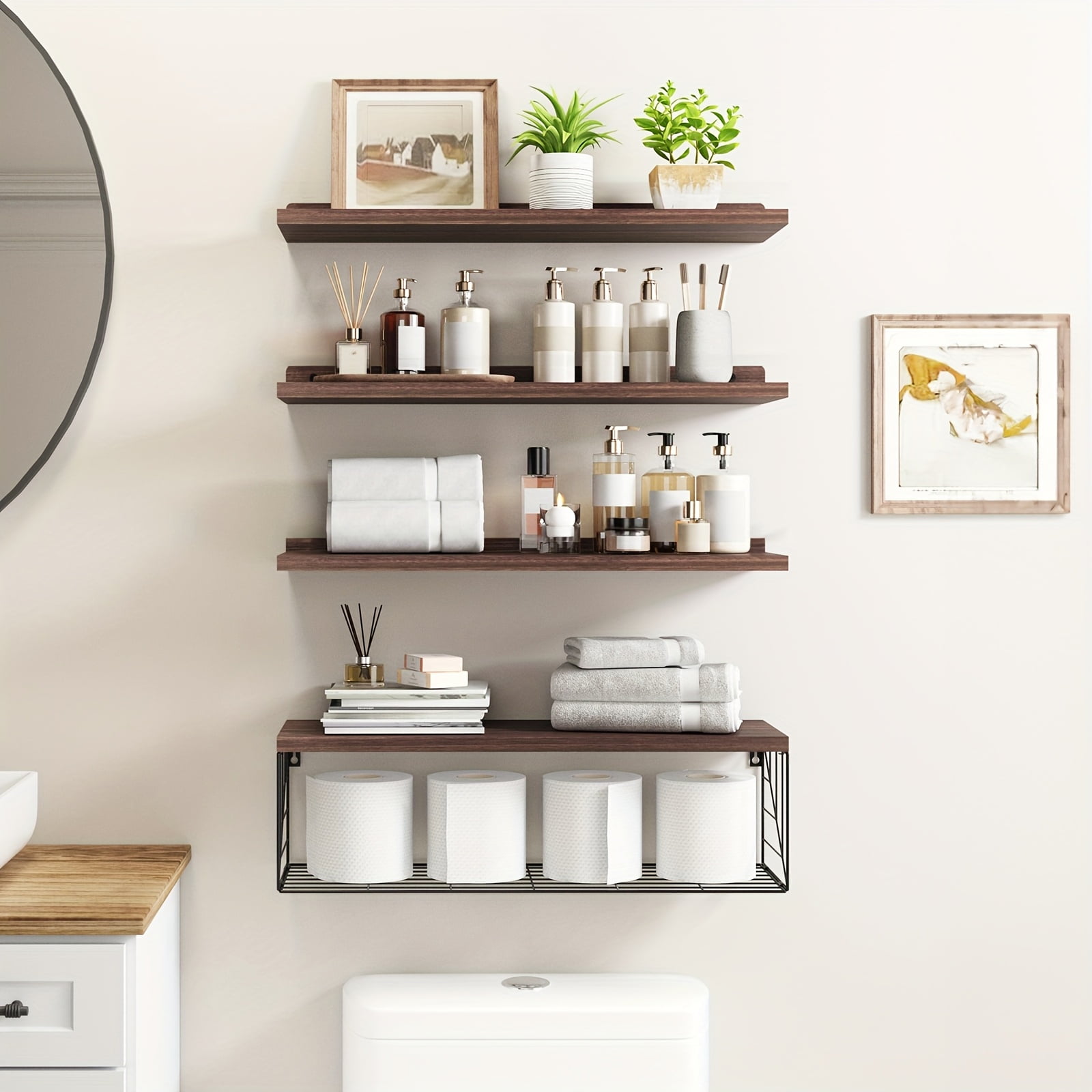 3+1 Tier Bathroom Floating Shelf with Grid Basket, 23.6x6 Inch Over ...