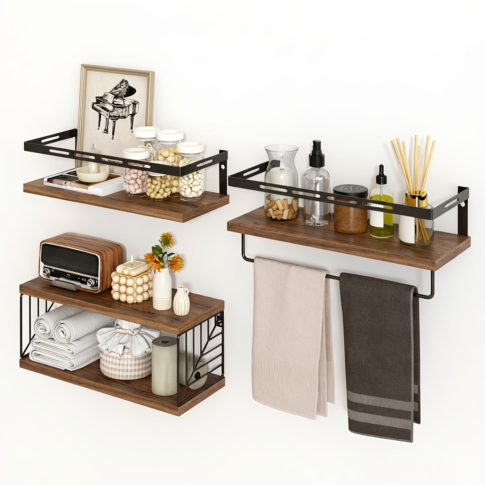 3+1 Tier Farmhouse Wood Floating Bathroom Shelves with Toilet Paper ...